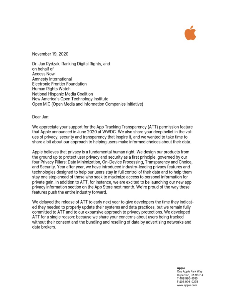 Apple Letter On App Tracking Transparency | PDF | Privacy | Apple Inc.