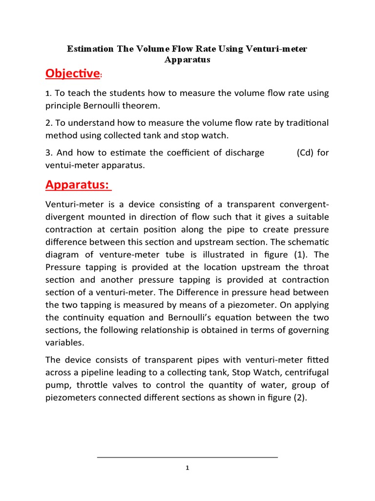 Estimation The Volume Flow Rate Using Venturi-Meter Apparatus | PDF | Flow Measurement | Fluid ...