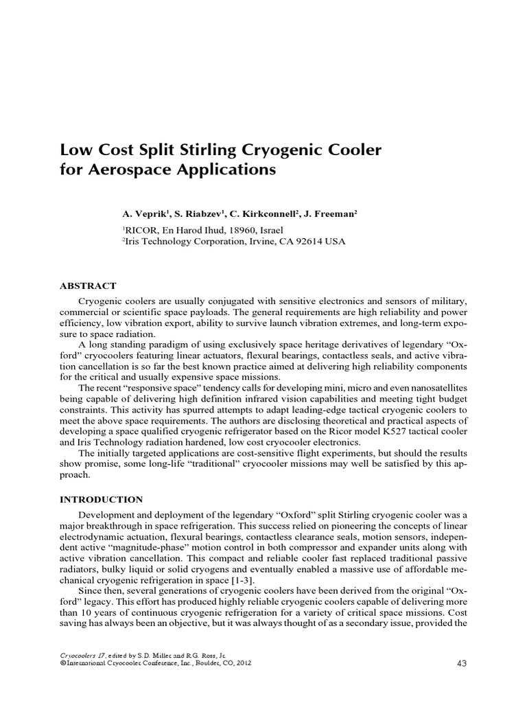 Low Cost Split Stirling Cryogenic Cooler For Aerospace Applications ...