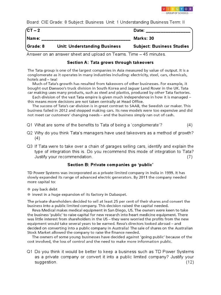 Grade 8 Business Studies CT2 | PDF