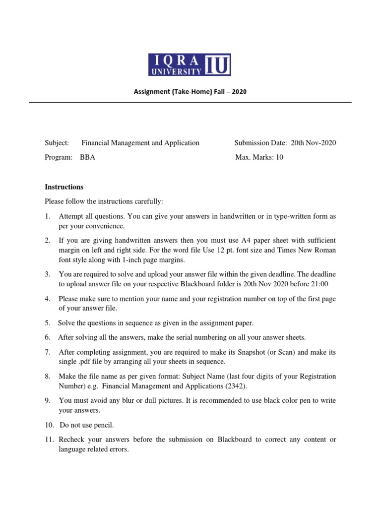 Assignment (Take-Home) Fall - 2020 | PDF | Finance & Money Management