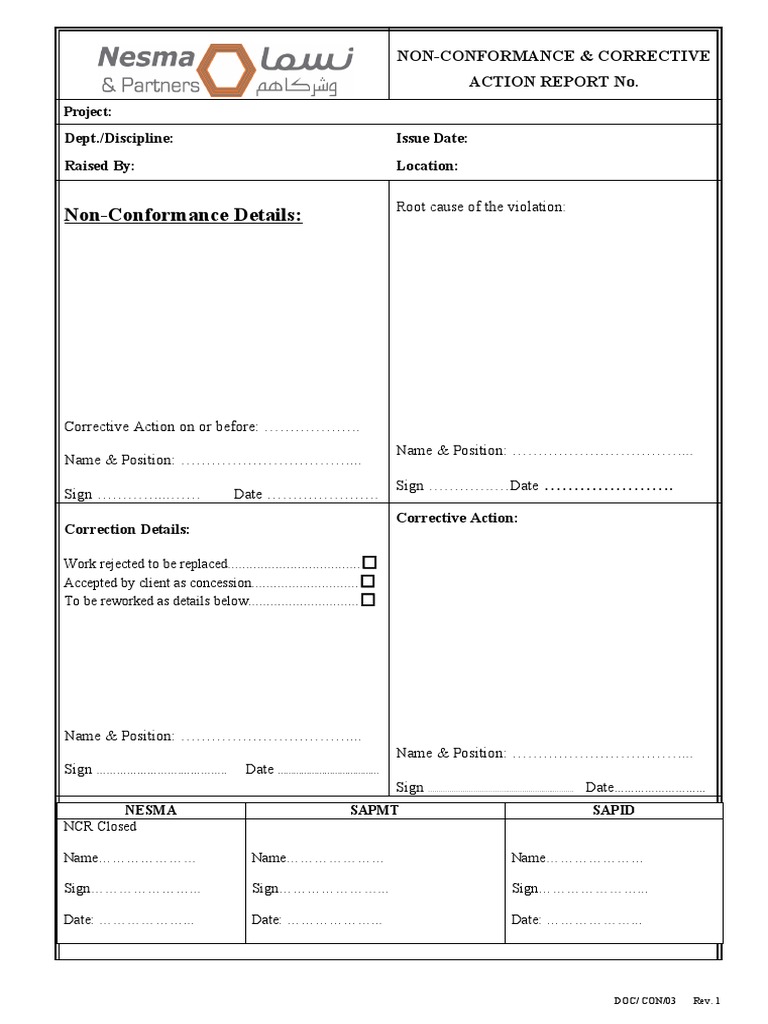 Non-Conformance Details:: Dept./Discipline: Issue Date: Raised by ...