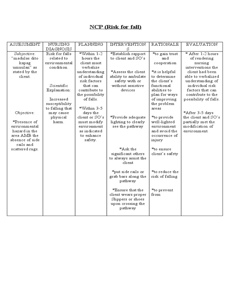 XIII. NCP Risk For Falls | PDF | Risk | Prevention