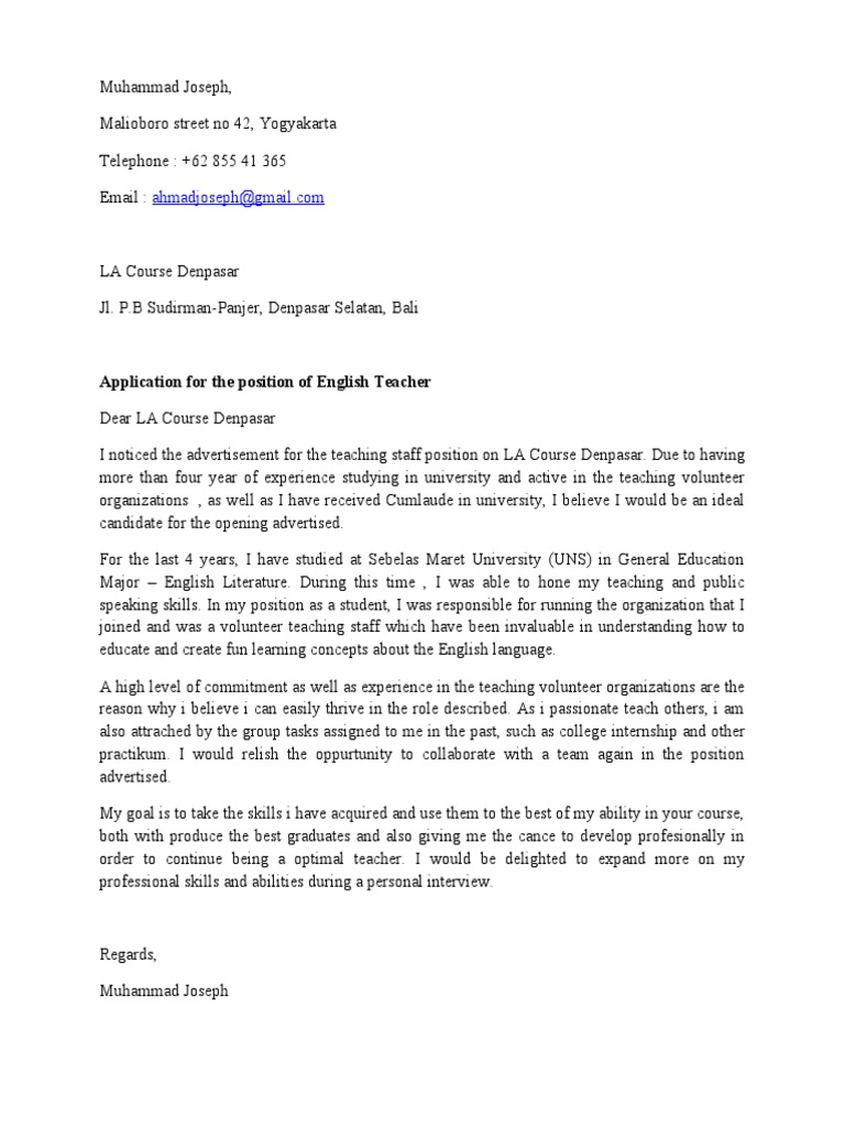 Application For The Position of English Teacher | PDF | Teachers ...