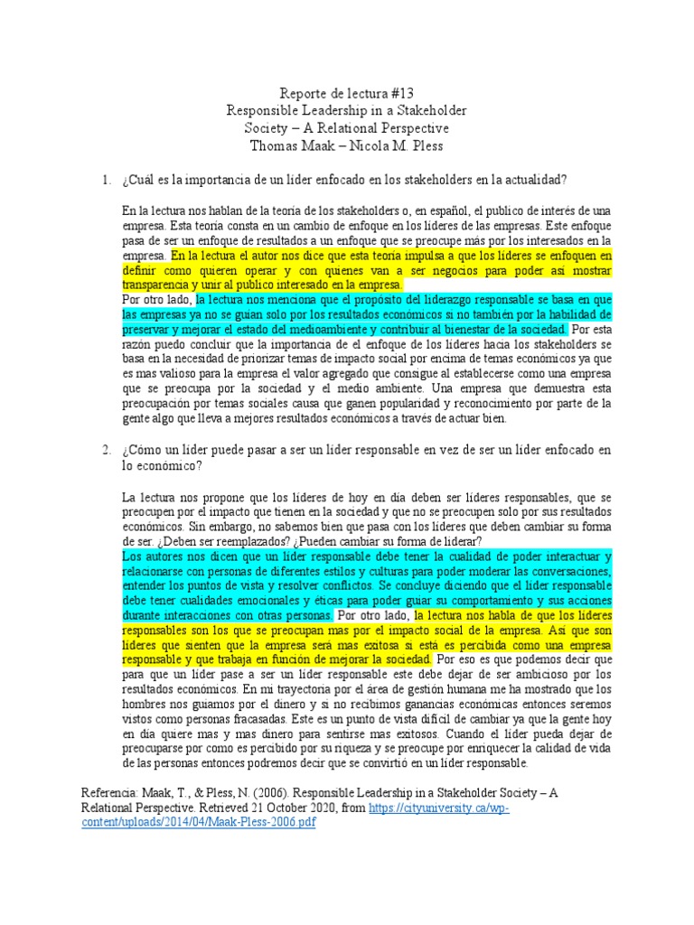Reporte de Lectura Responsible Leadership in A Stakeholder Society - A ...