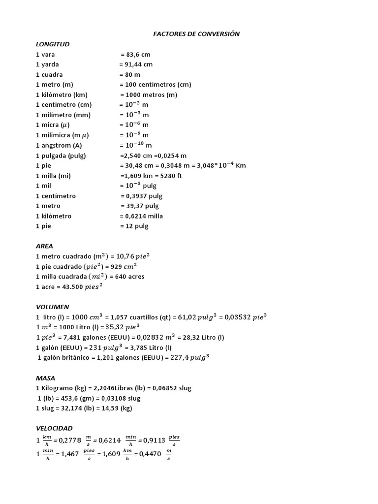 Tabla De Factores De Conversion De Unidades PDF PDF