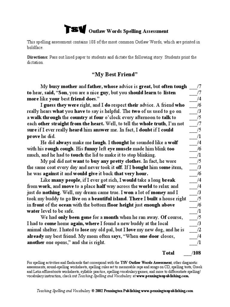 Outlaw Words Spelling Assessment | PDF | Vocabulary | Cognition