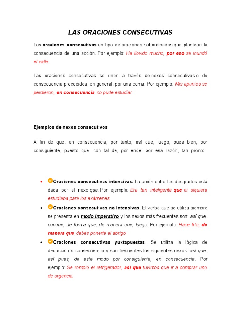 Las Oraciones Consecutivas: Ejemplos de Nexos Consecutivos | PDF