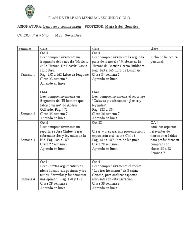Plan Mensual Noviembre 5° A y B | PDF | Idiomas