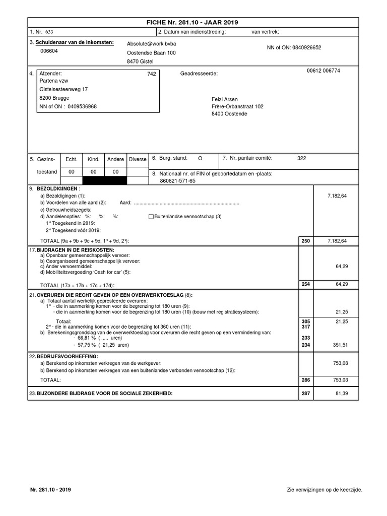 FICHE Nr. 281.10 - JAAR 2019 | PDF