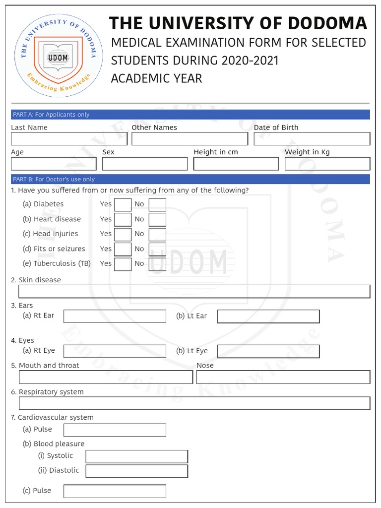 The University of Dodoma: Medical Examination Form For Selected ...
