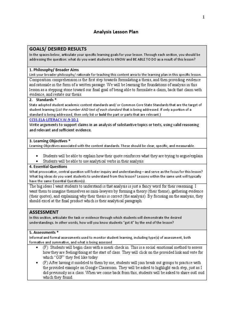 Analysis Lesson Plan: 1. Philosophy/ Broader Aims | PDF | Lesson Plan ...