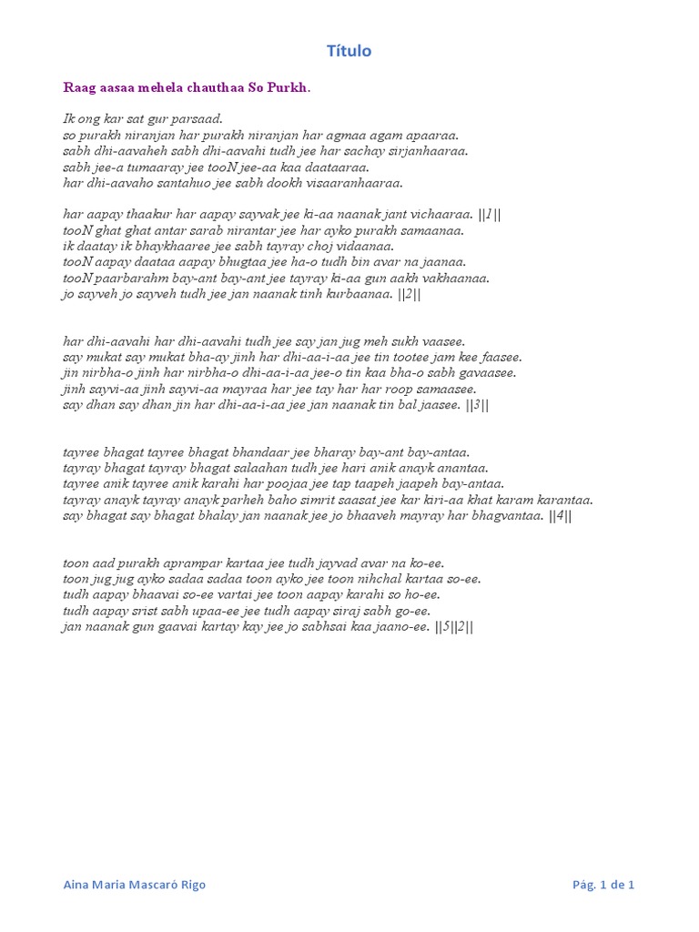 Raag Aasaa Mehela Chauthaa So Purkh | PDF