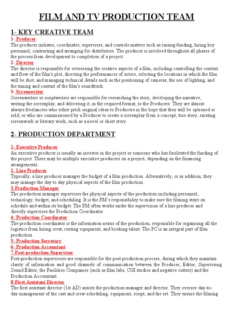 FILM AND TV PRODUCTION TEAM ROLES | PDF | Filmmaking | Clothing