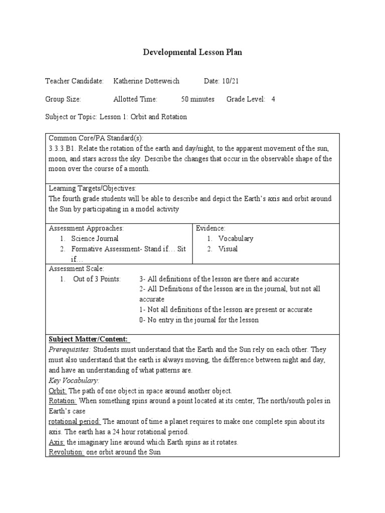 Developmental Lesson Plan: Subject Matter/Content | PDF | Rotation ...
