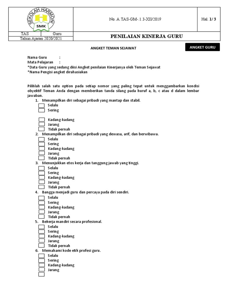 Angket Teman Sejawat | PDF