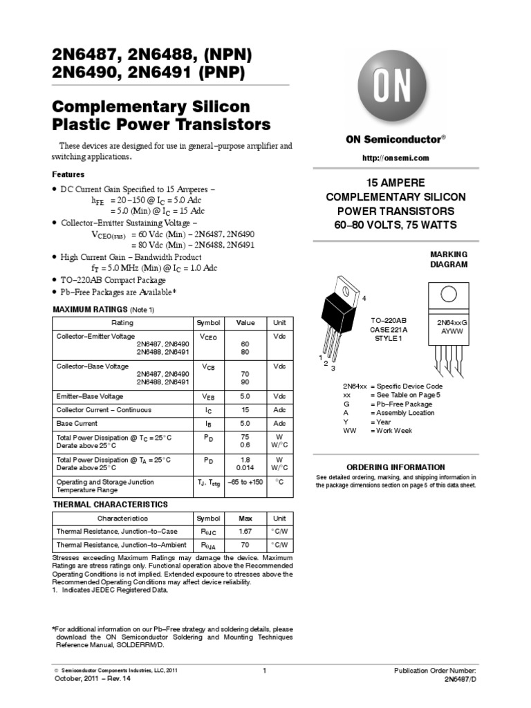 2N6487, 2N6488, (NPN) 2N6490, 2N6491 (PNP) Complementary Silicon Plastic Power Transistors | PDF ...