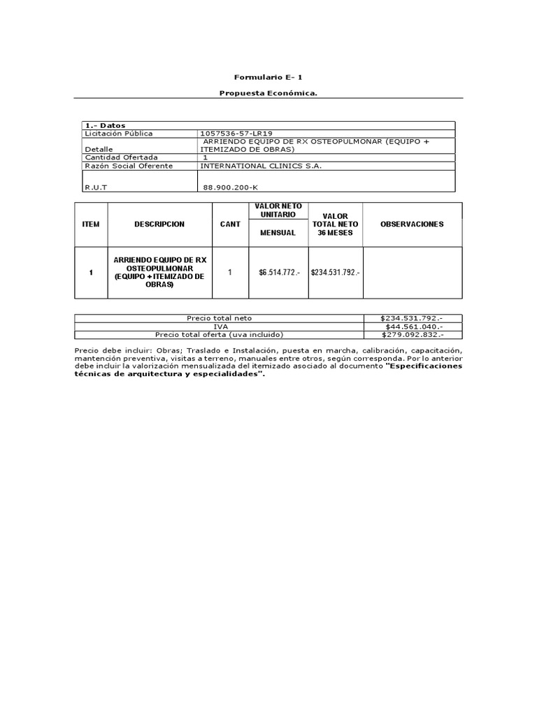 Propuesta Económica Formulario E-1 | PDF | Finanzas y dinero