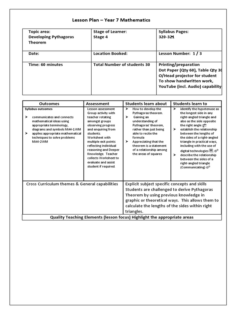 Lesson Plan - Year 7 Mathematics: Syllabus Outcomes | PDF | Pedagogy ...