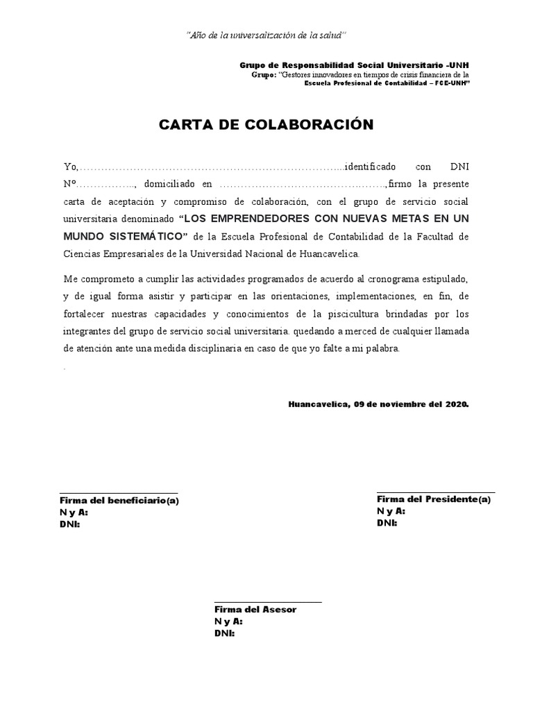 Modelo De Carta De Colaboración Pdf