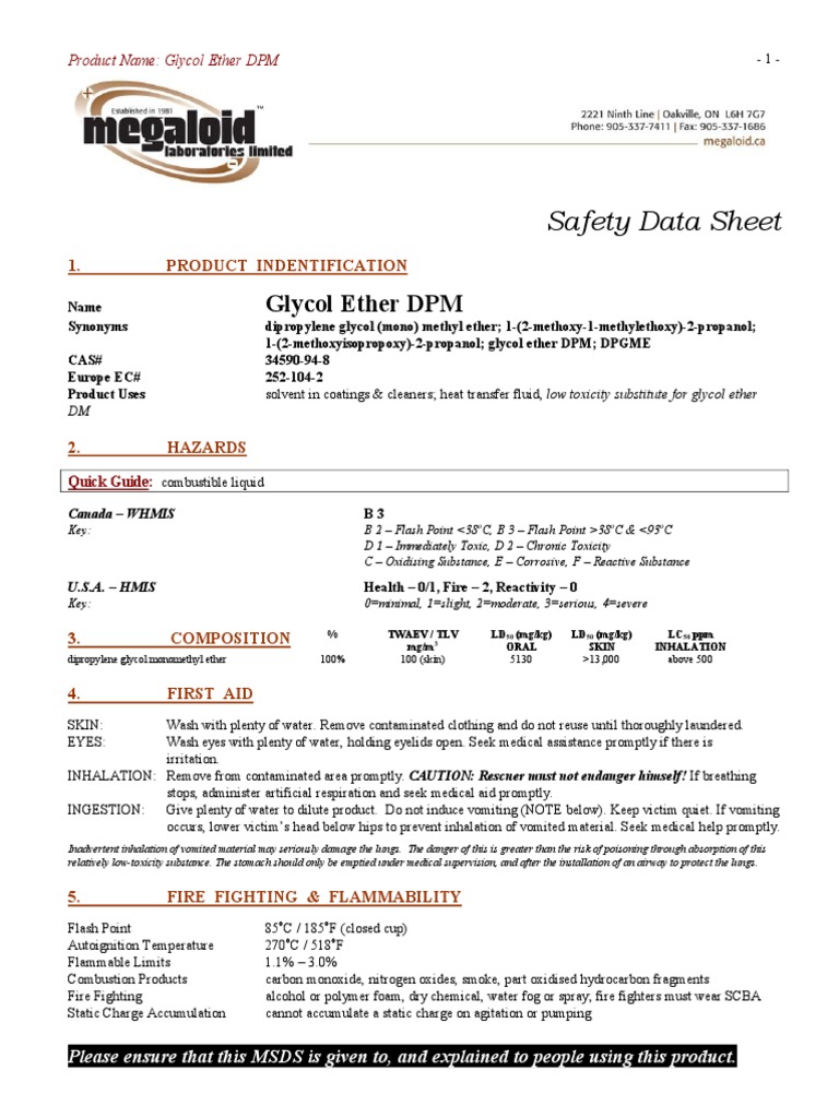 Glycol Ether DPM: Safety Data Sheet | PDF | Toxicity | Firefighting