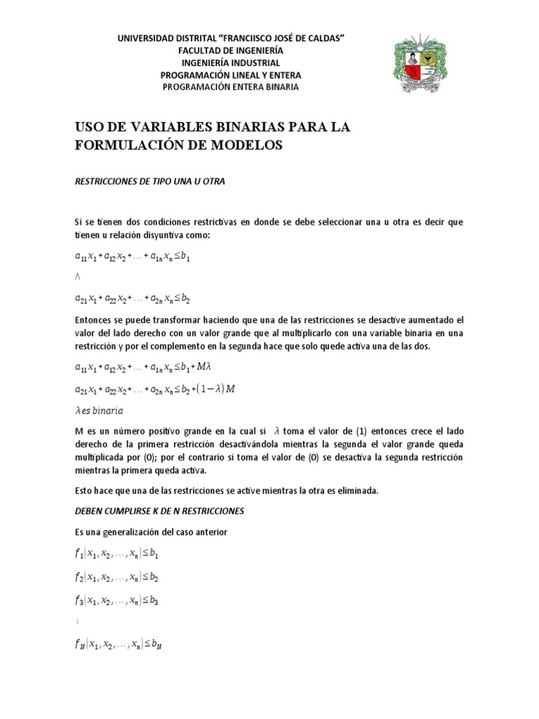 Uso de Variables Binarias para La Formulación de Modelos | Descargar ...