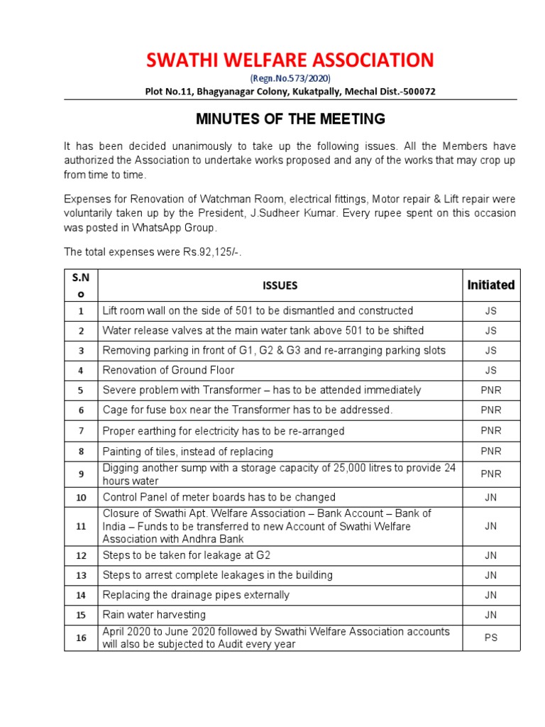 Swathi Welfare Association: Minutes of The Meeting | PDF | Nature