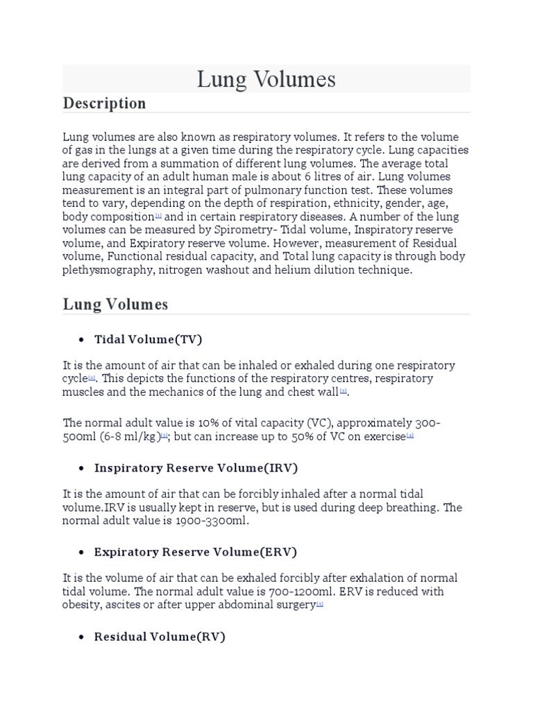 Lung Volumes: Description | PDF | Exhalation | Respiratory System