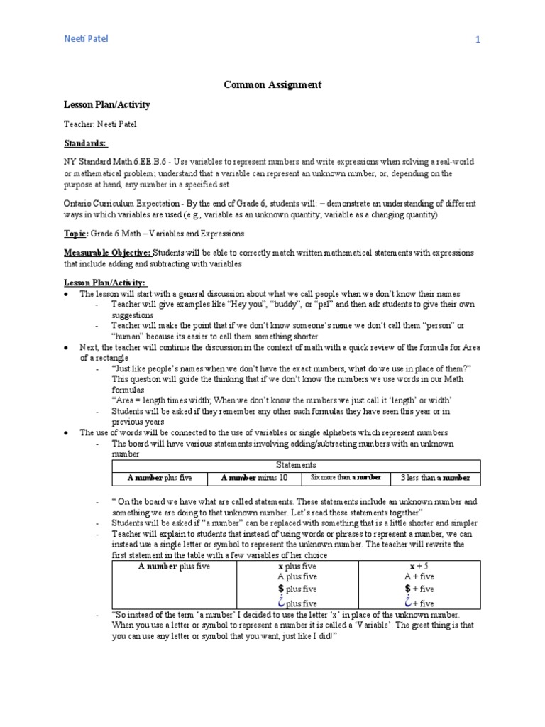 Common Assignment: Lesson Plan/Activity | PDF | Classroom | Variable (Mathematics)