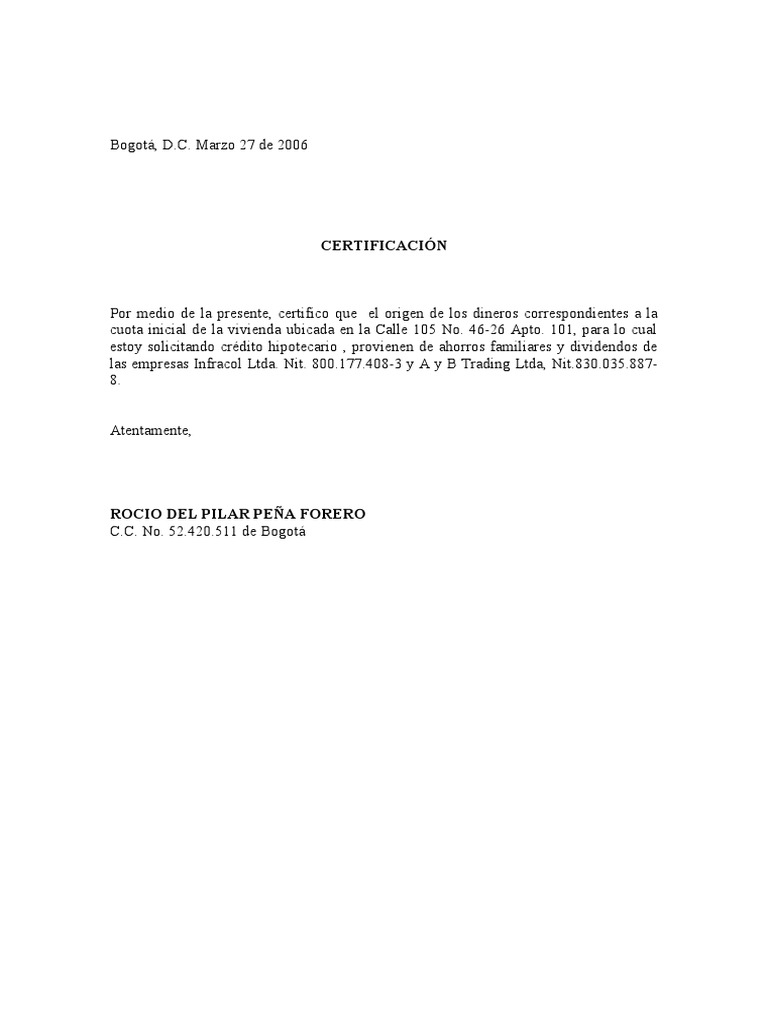 Certificacion Origen de Fondos | PDF