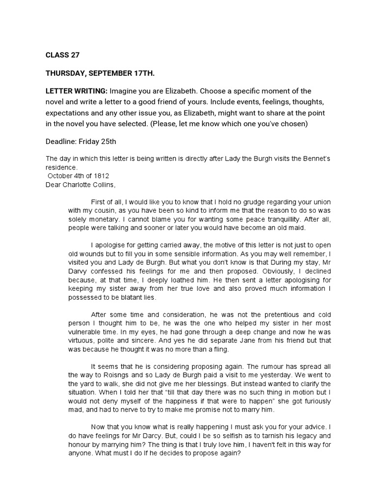 Class 27 Thursday, September 17Th. LETTER WRITING: Imagine You Are ...