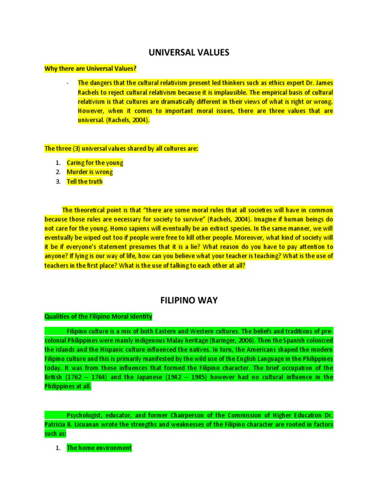 Universal Values & Filipino Values | PDF | Philippines | Value (Ethics)