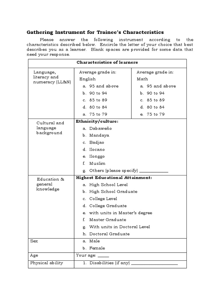 Gathering Instrument For Trainee's Characteristics | PDF | Learning ...