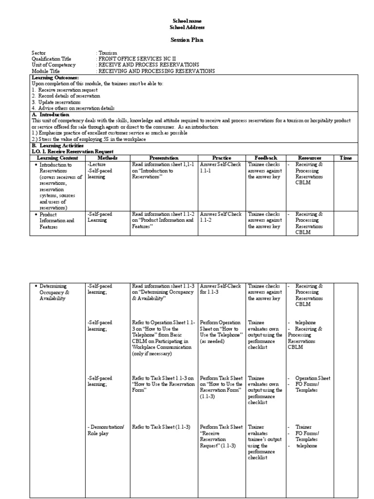 03 Sample Session Plan FOS NC II | PDF | Competence (Human Resources ...