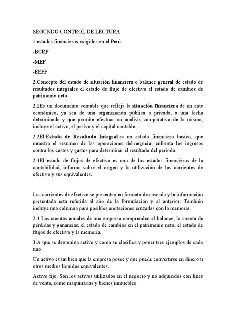 Segundo Control de Lectura | PDF | Contabilidad | Hoja de balance