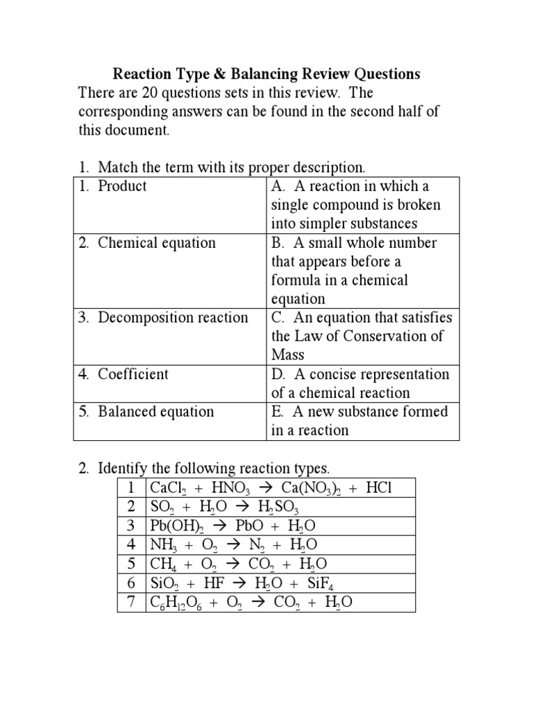 Reaction Type & Balancing Review Questions | PDF | Oxide | Chemical ...
