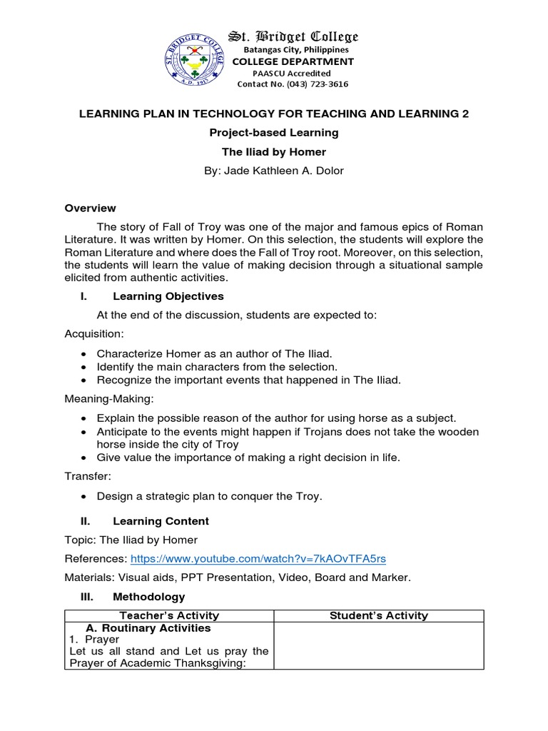 Teaching The Iliad: A Learning Plan | PDF | Paris (Mythology) | Trojan War