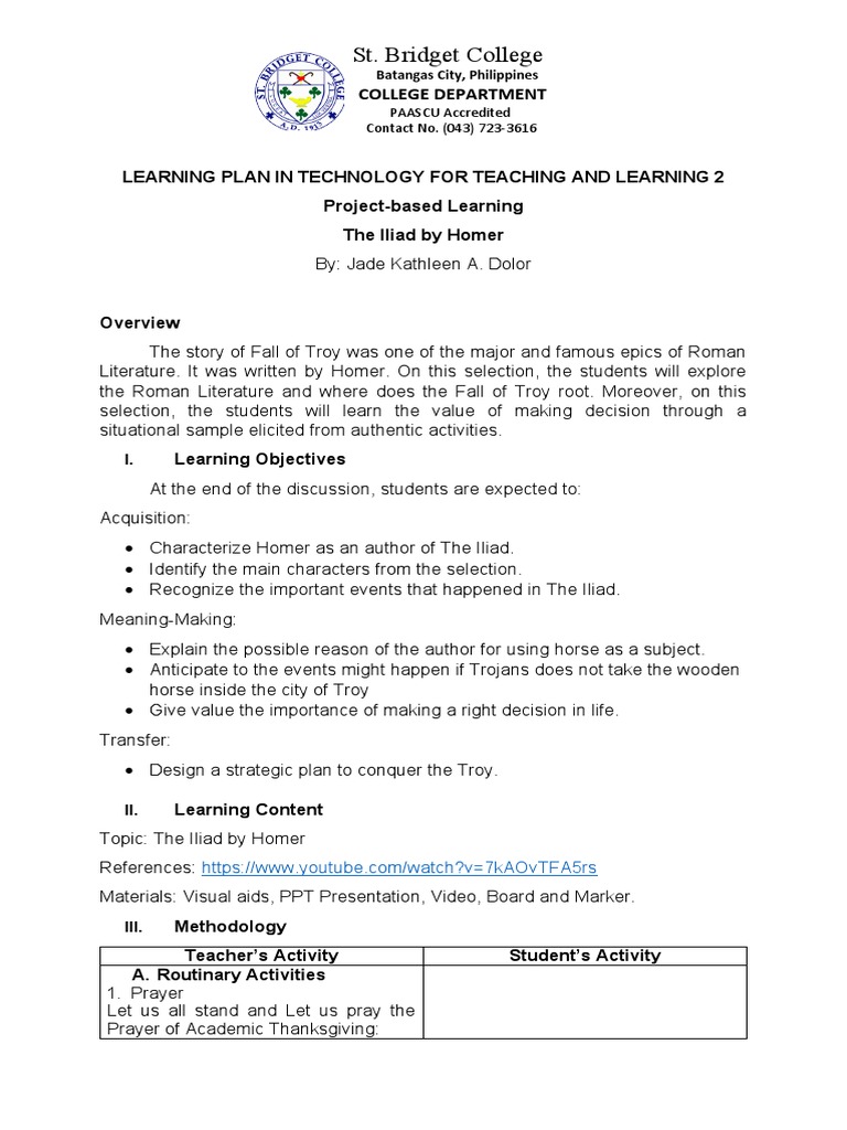 Lesson Plan - The Iliad by Homer | PDF | Paris (Mythology) | Trojan War