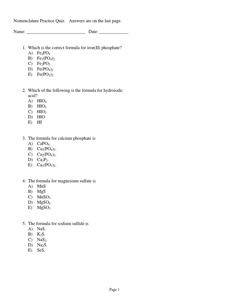 Nomenclature Practice Quiz Answers | PDF | Nitrogen | Oxide