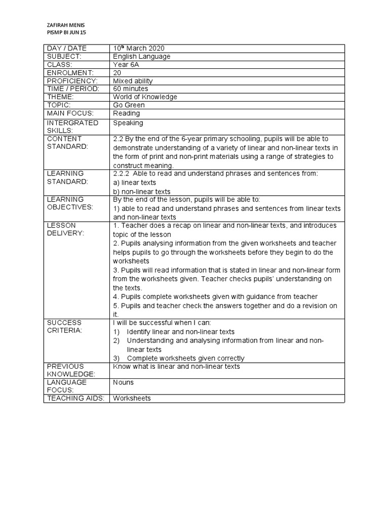 Lesson Plan Year 6 (Reading) | PDF | Lesson Plan | Teachers