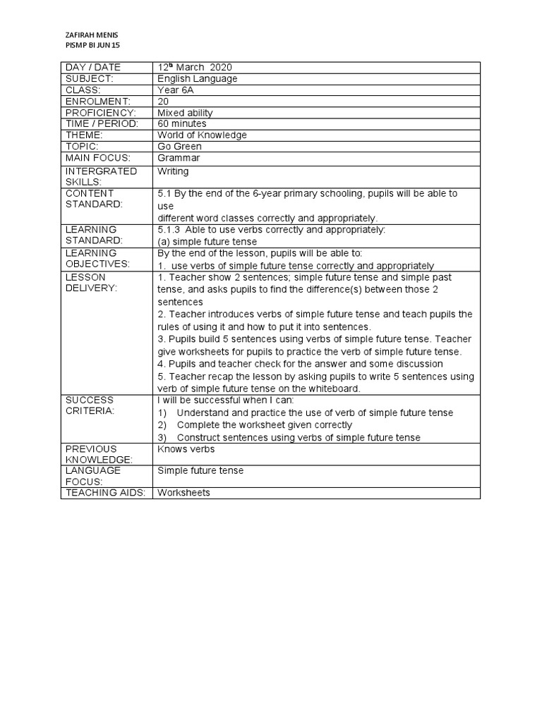 Future Tense Lesson Plan for Year 6 | PDF | Grammatical Tense | Verb