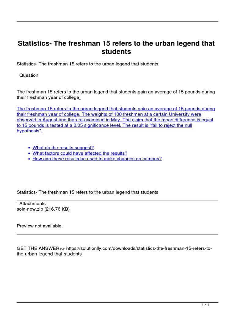 Statistics The Freshman 15 Refers To The Urban Legend That Students | PDF