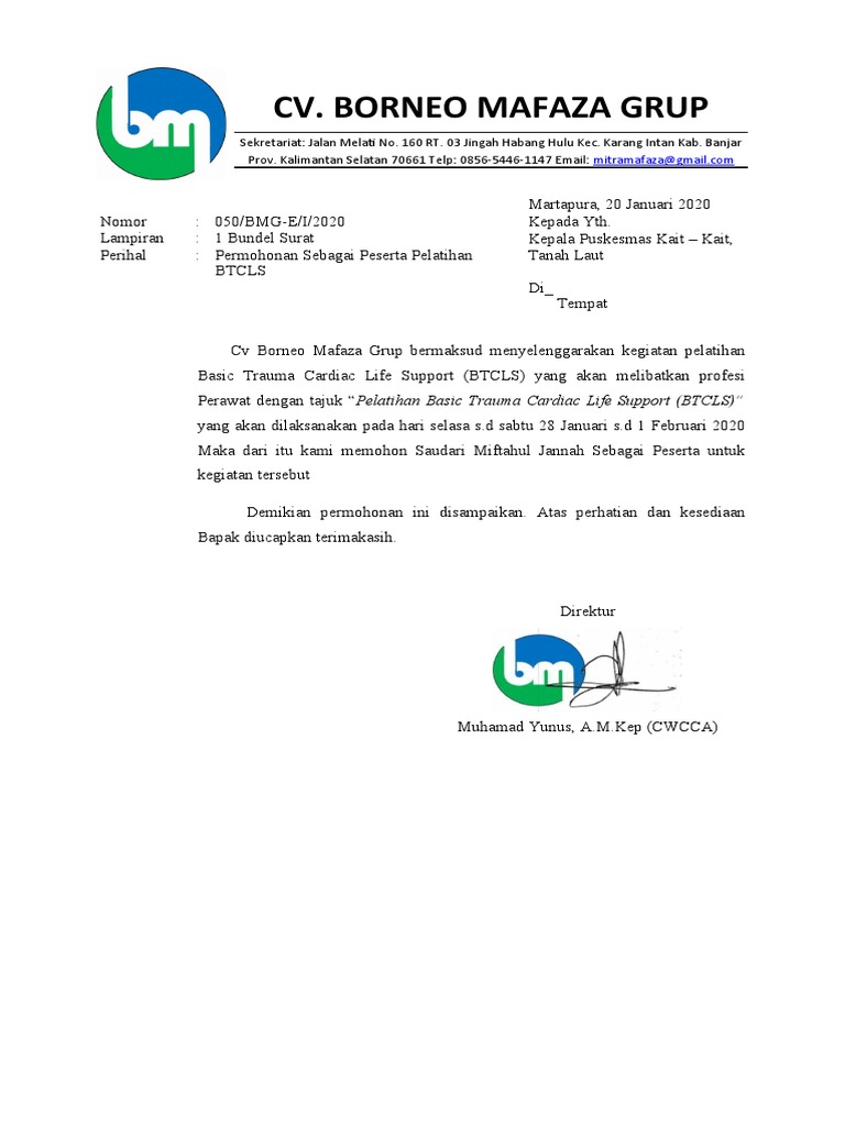 Permohonan Pelatihan BTCLS CV Borneo Mafaza | PDF