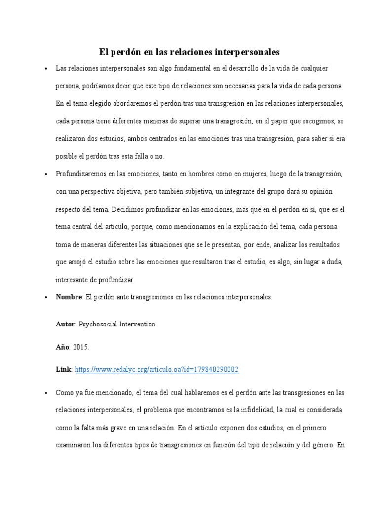 El Perdón en Las Relaciones Interpersonales | PDF | Infidelidad | Perdón