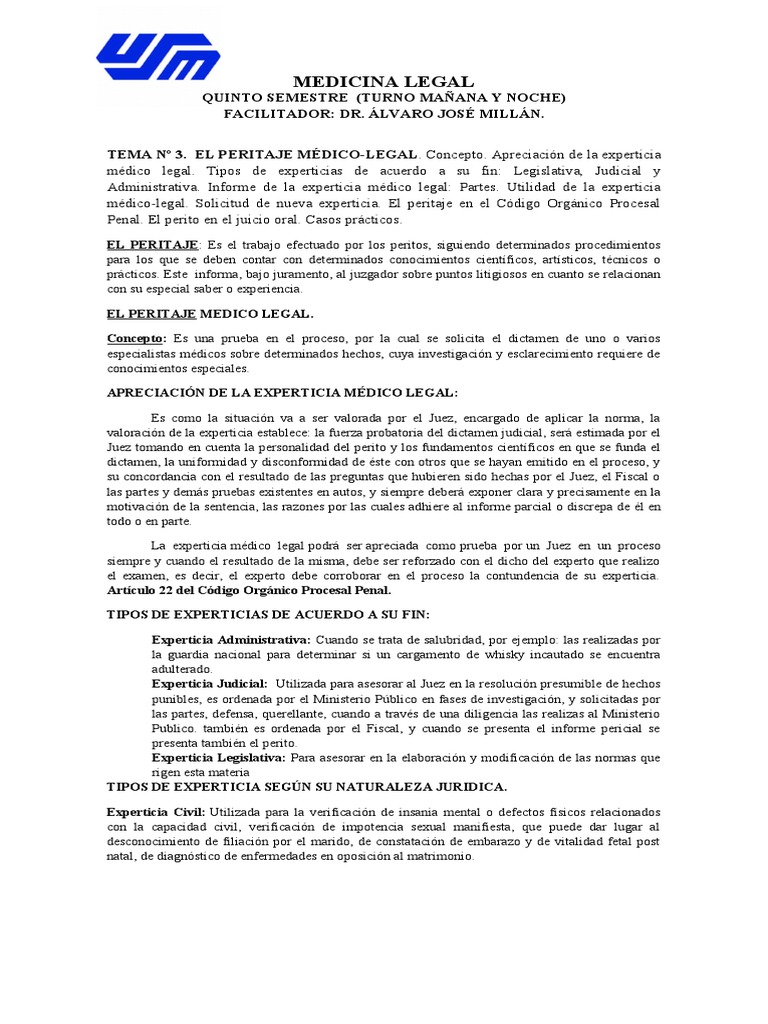Tema 3. El Peritaje Medico Legal | PDF | Testigo experto | Evidencia (ley)