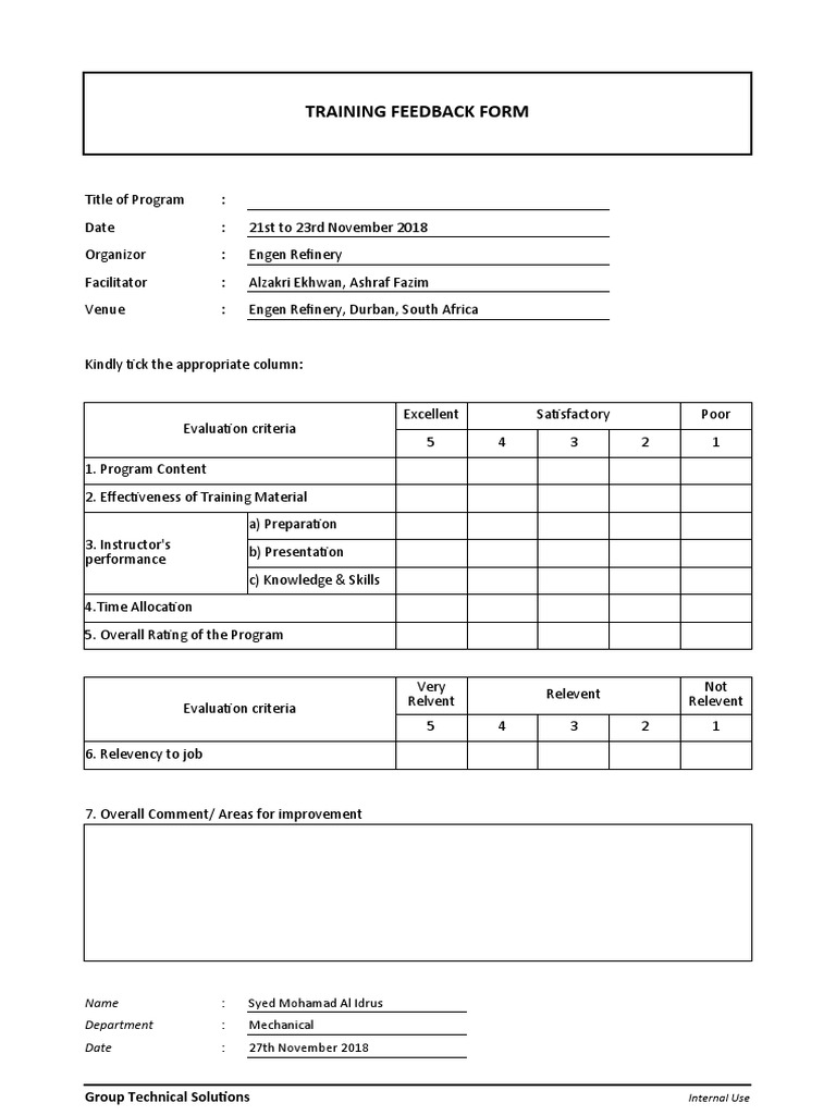 Training Feedback Forms Overview | PDF | Pedagogy | Evaluation