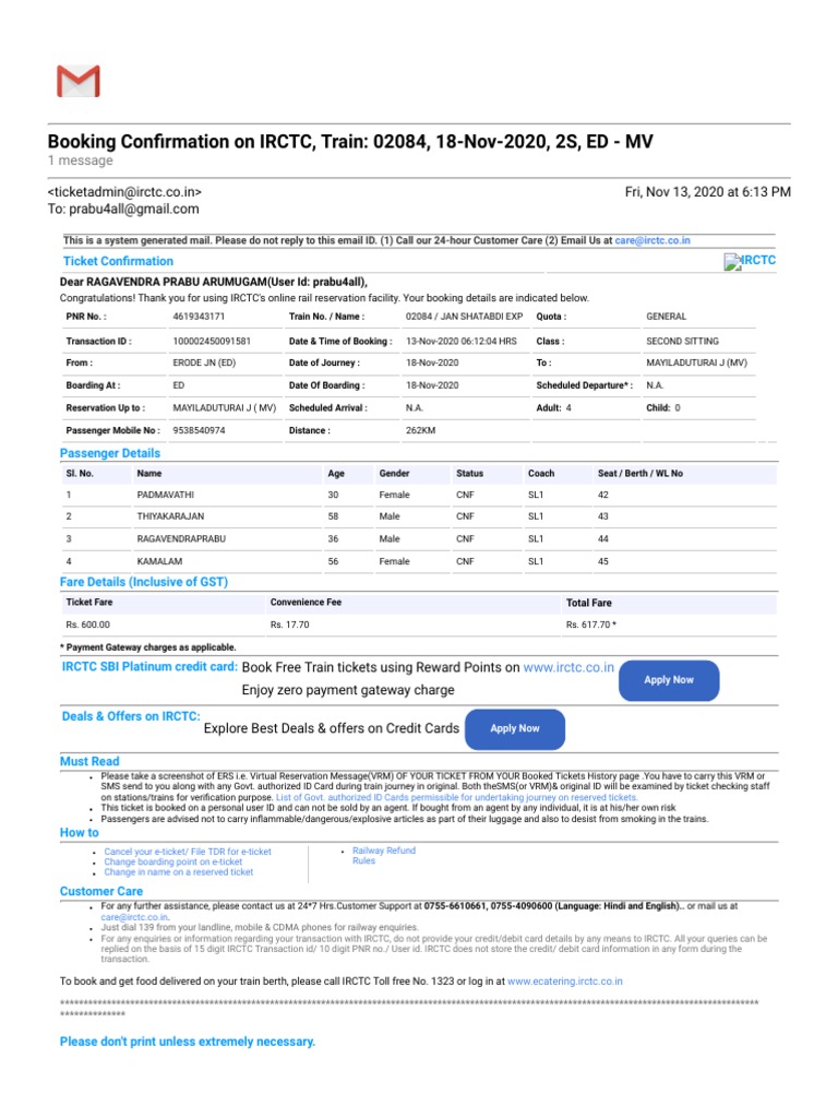 Booking Confirmation On IRCTC, Train: 02084, 18-Nov-2020, 2S, ED - MV | PDF | Credit Card ...