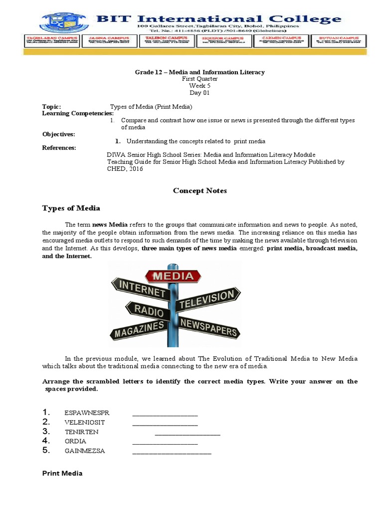 Concept Notes Types of Media: Grade 12 - Media and Information Literacy ...