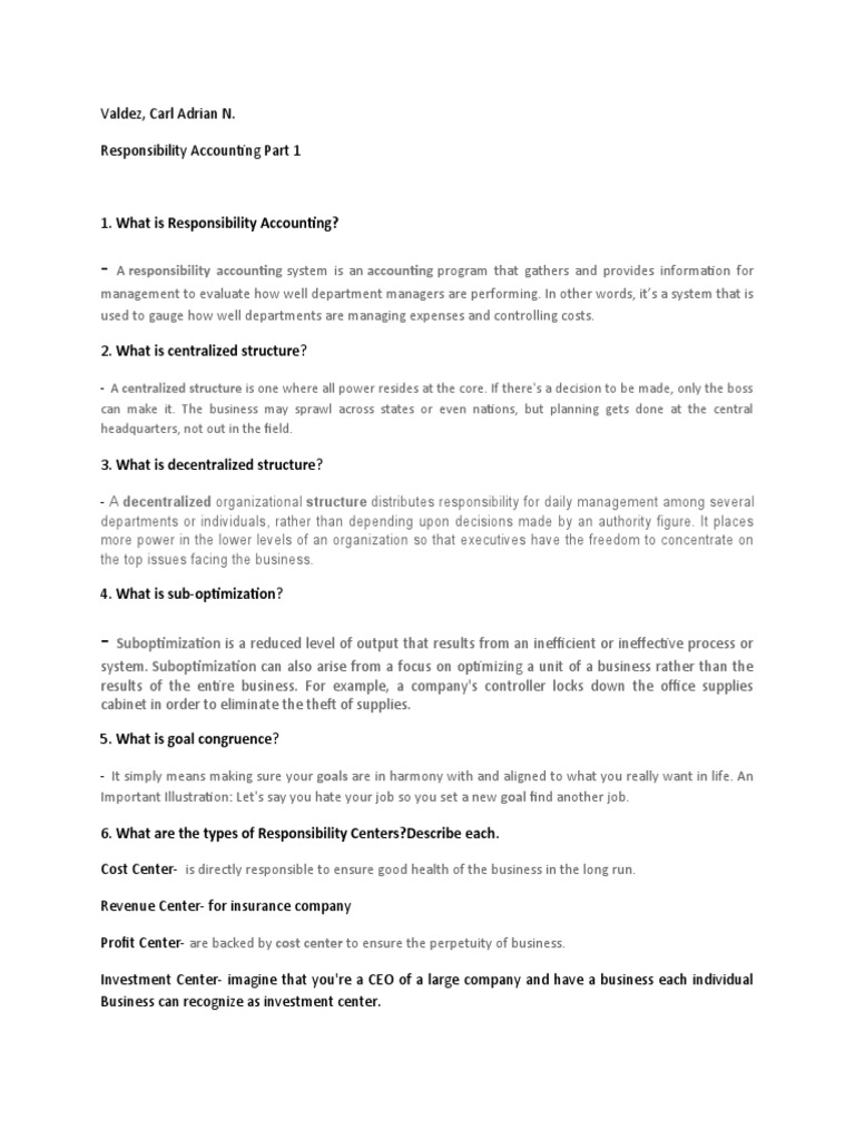 Responsibility Accounting Accounting: Suboptimization Suboptimization ...