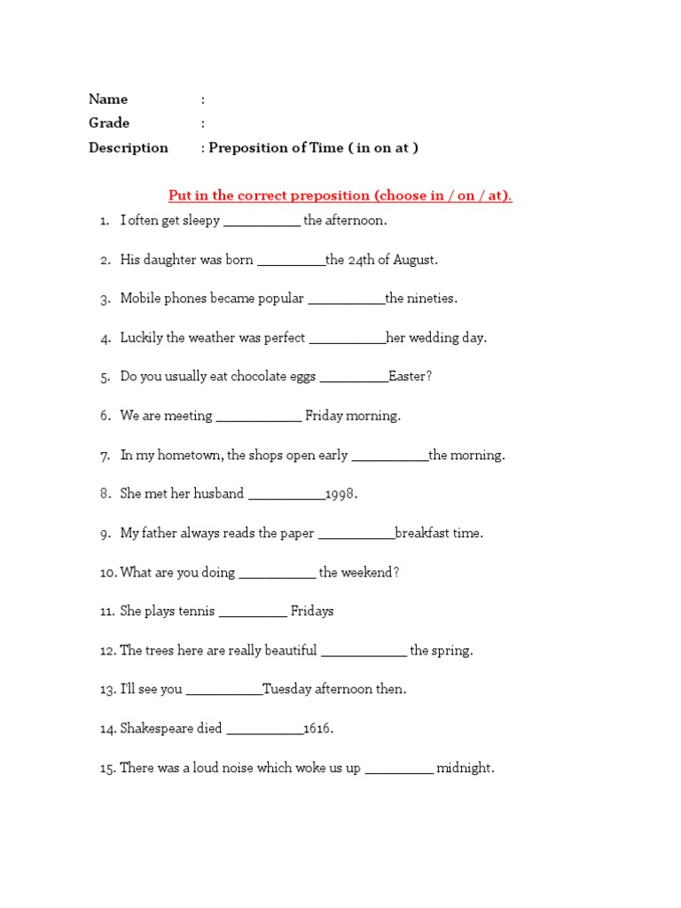 Preposition of Time Exercise | PDF